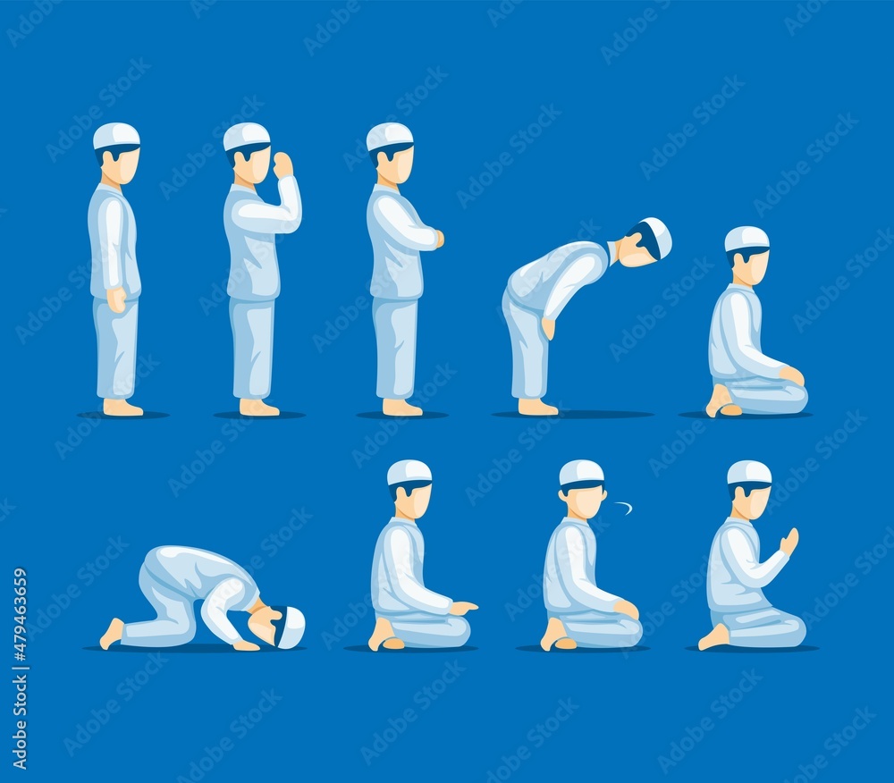 Muslim male pray pose instruction symbol collection icon set cartoon ...