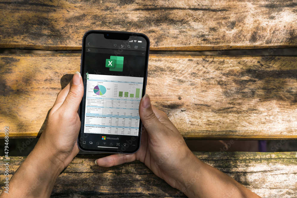 Girl in the park holding a smartphone with Microsoft Office Excel app ...