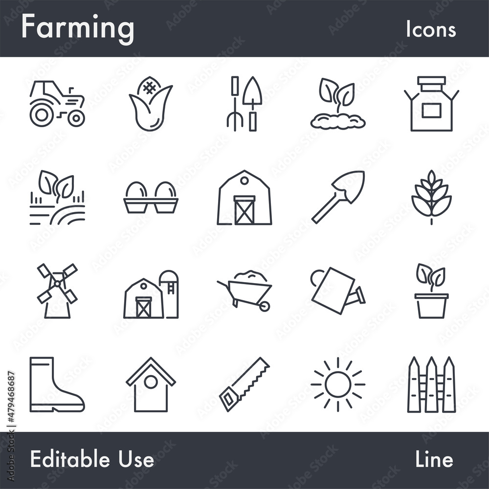Farming and Gardening vector line icon set. Contains linear outline ...