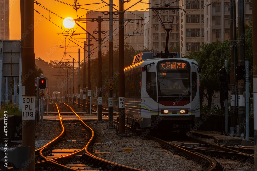 Hong Kong, China - December 29 2021: Light rail transit in Tin Shui Wai ...