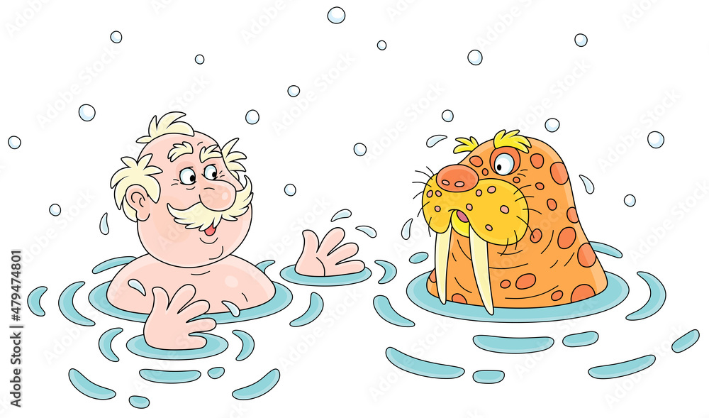 Funny sportsman winter-swimmer together with a big mustached walrus in ...