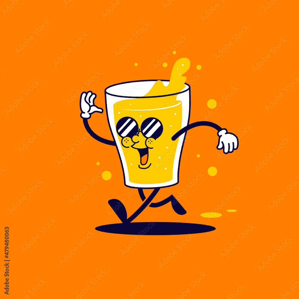 Vector illustration running trendy glass full of beer cartoon character ...