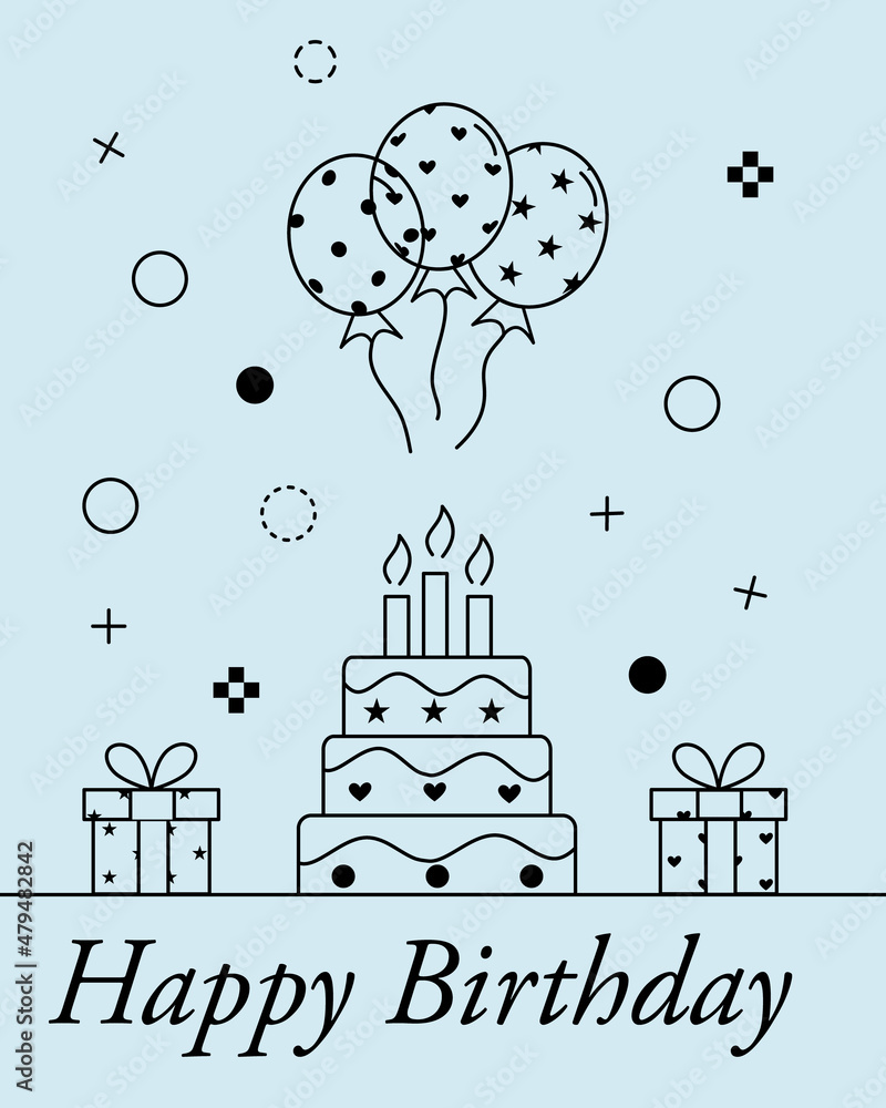 Outline birthday card with birthday lettering cake with balloons and ...