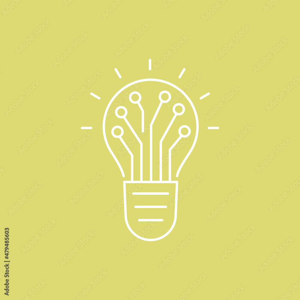 Artificial intelligence and machine learning line icon. Bulb, idea ...