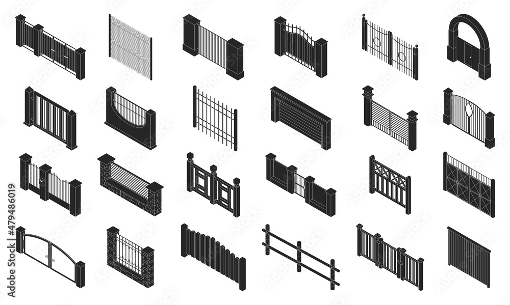 Fence gate vector isometric set icon. Isolated isometric set icon ...