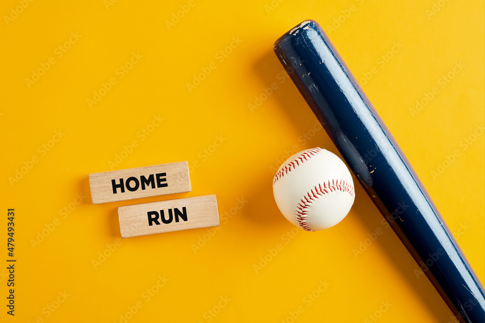 Baseball ball and bat on yellow background with the words home run ...