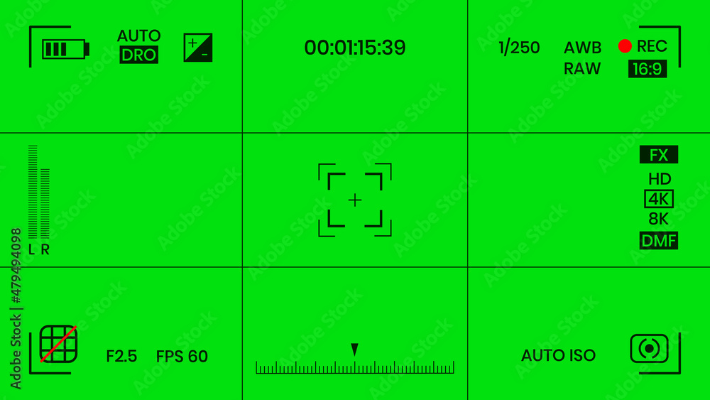 Green colored chroma key camera rec frame viewfinder overlay background ...