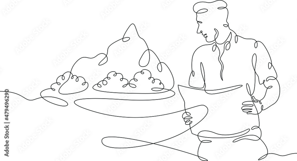 One continuous line.Tourist on vacation.A man with a map in nature ...