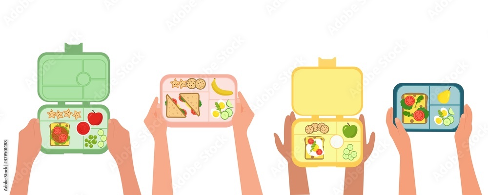 Hands holding up lunch boxes.Healthy meal for kids. Nutrition in school ...