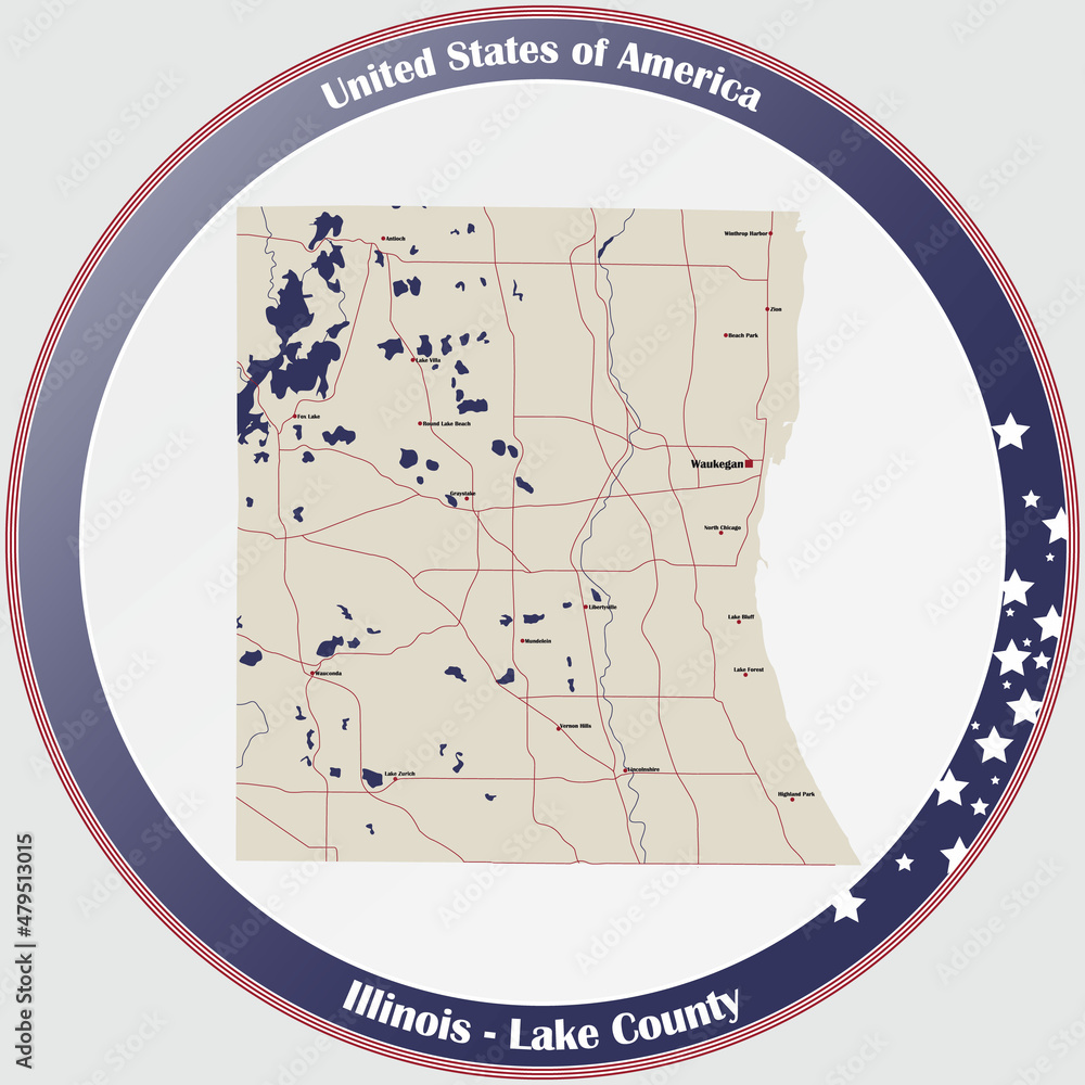 Large and detailed map of Lake county in Illinois, USA. Stock Vector ...
