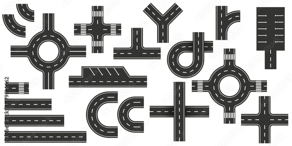 Top view Road elements. Set of Design Element for city map. Street with ...