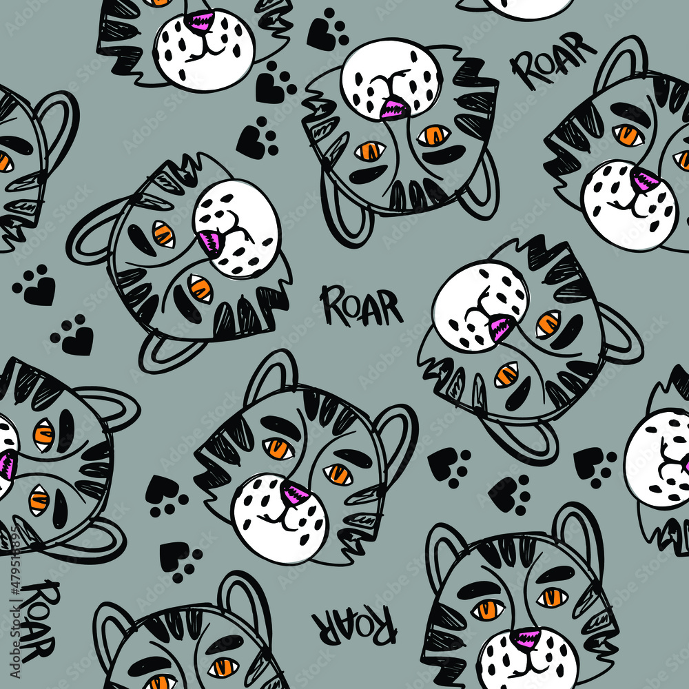 cartoon tiger face seamless vector pattern. For children's textiles ...