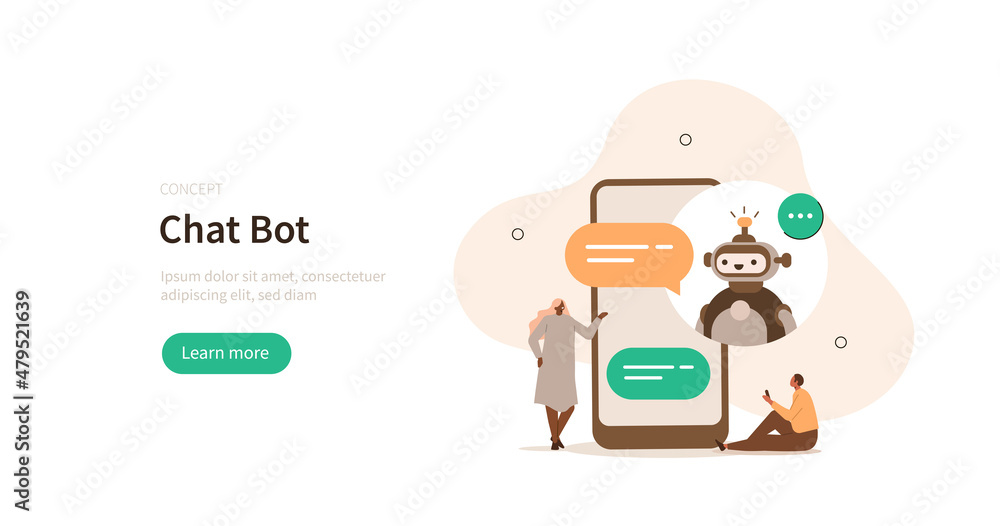 Customers having dialog with chatbot on smartphone. Characters chatting with robot, asking ...