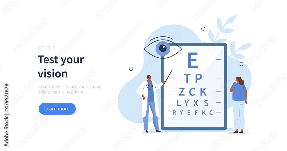 Doctor ophthalmologist showing eye test chart to patient and examining ...