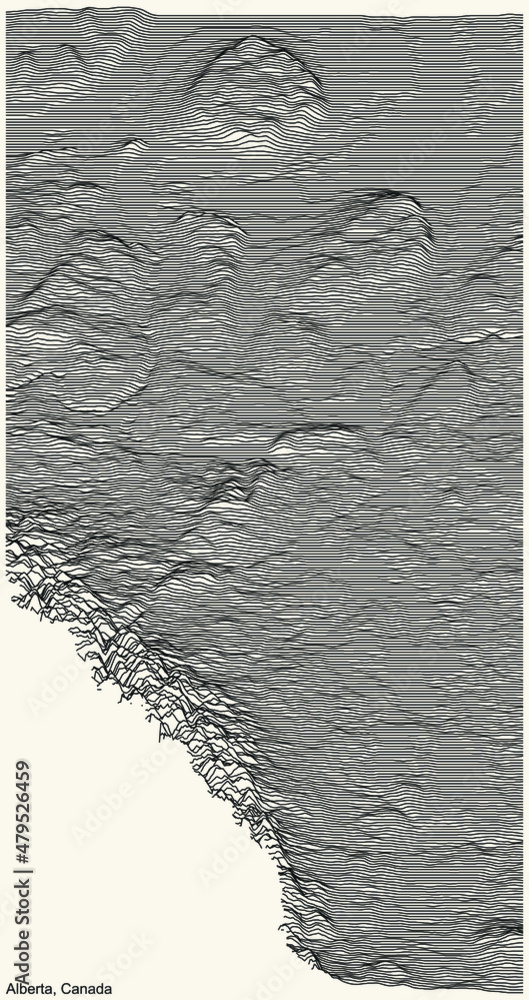 Topographic relief map of the Canadian province of ALBERTA, CANADA with black contour lines on ...