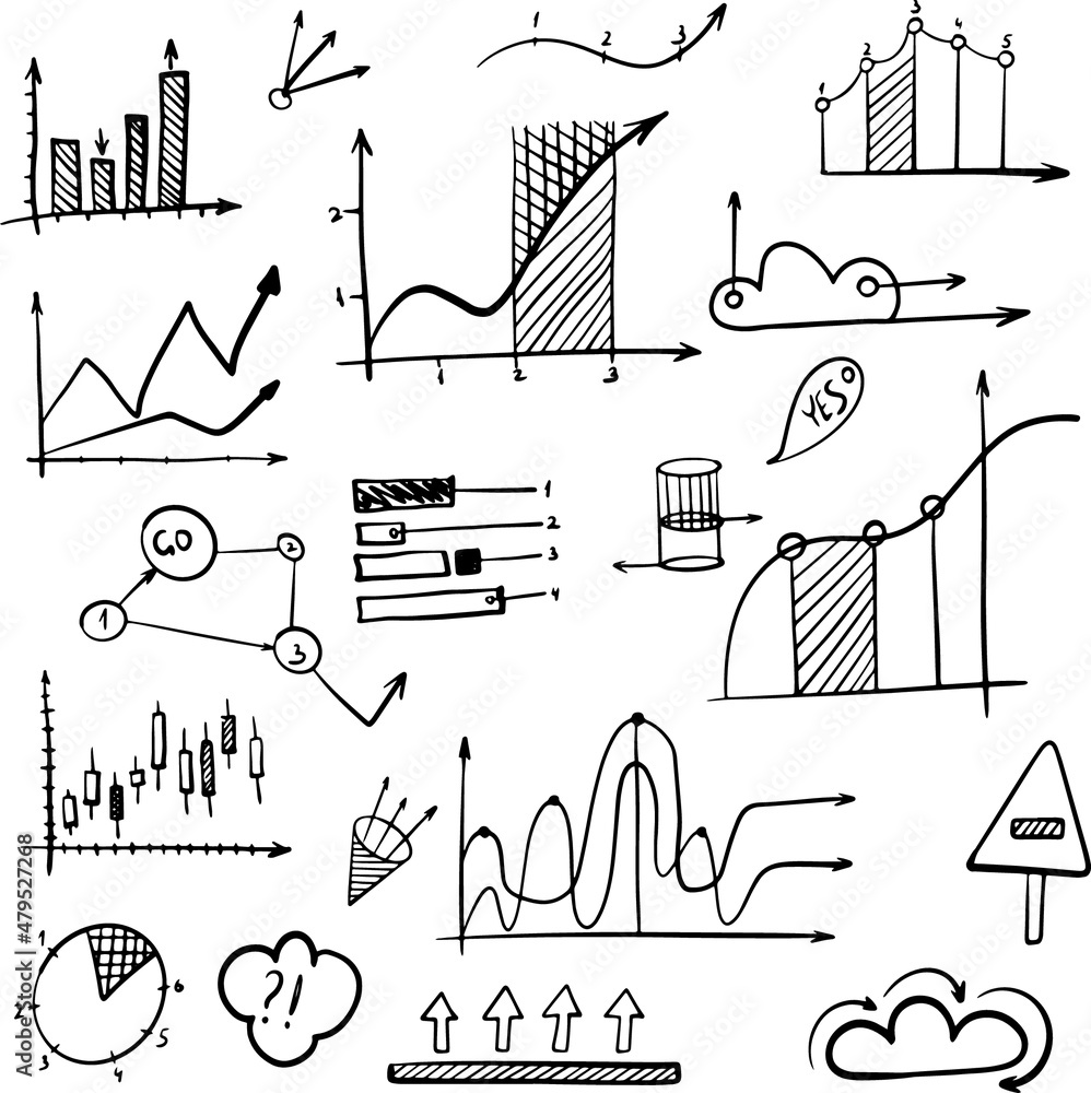 Various vector doodle complex charts of profit and fall of investments ...