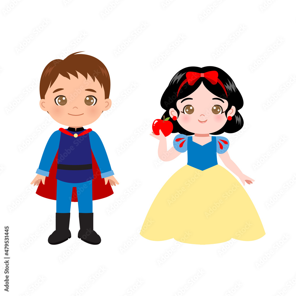 Cute prince and princess couple fairy tale clipart. Flat vector cartoon ...
