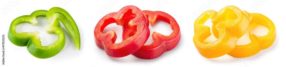 Pepper slice isolated. Paprika on white background. Cut red, green ...
