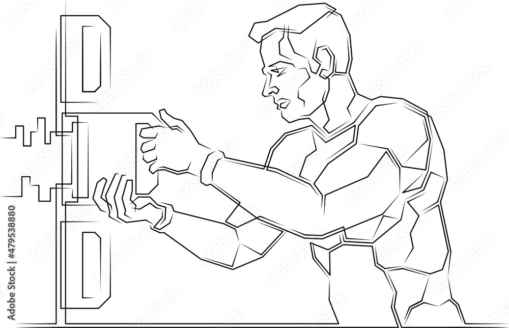 Continuous line.A male engineer works in a server room. Digital network ...