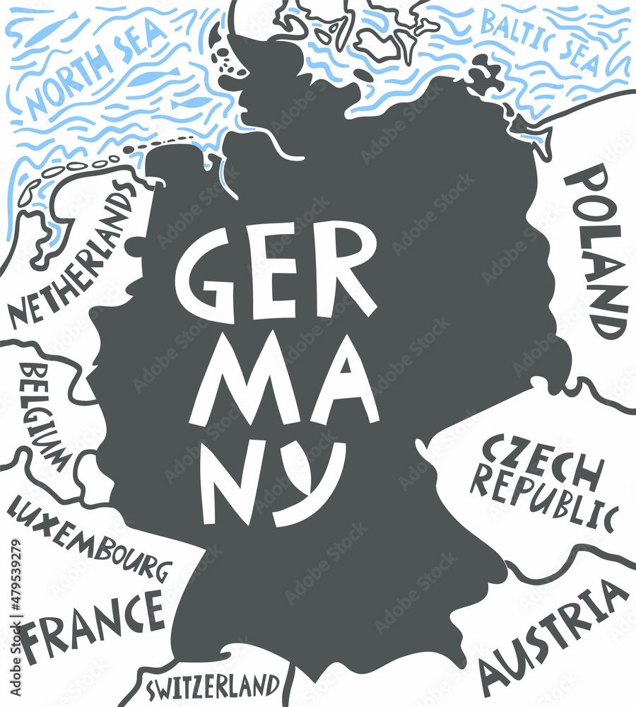 Vector hand drawn stylized map of Germany neighboring countries. Travel ...