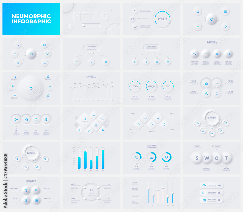 Set of light neumorphic infographic slides. Business data visualization ...