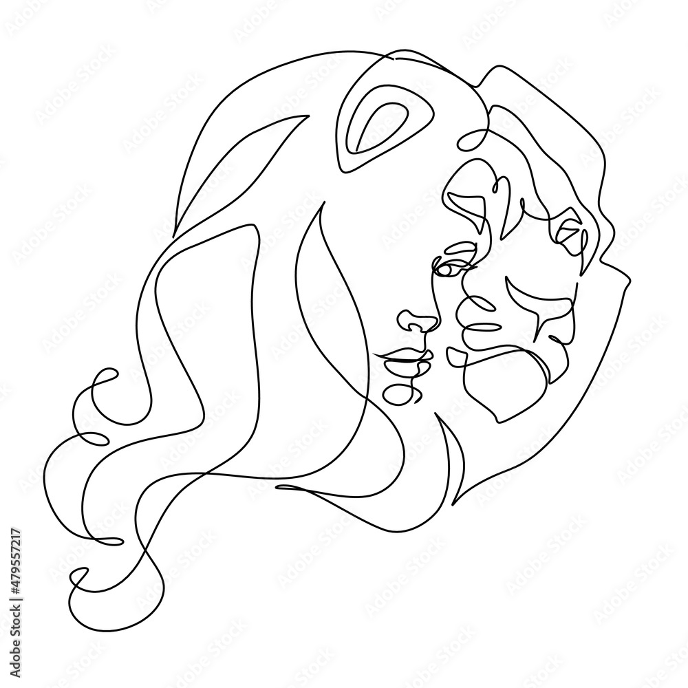 Beautiful woman with lion Line art illustration vector Stock Vector ...