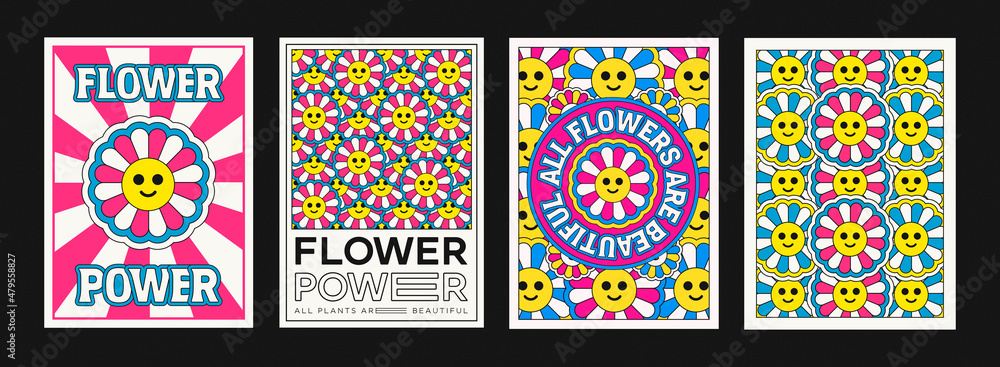 Cool Trendy Flower Power Pop Art Posters. Collection of Cute Cartoon ...