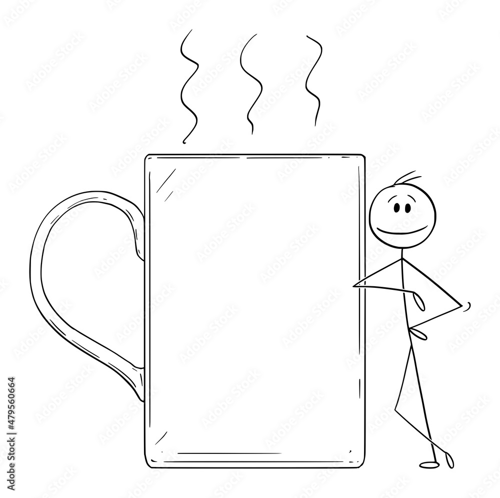 Person Leaning Towards Big Coffee or Tea Cup or Mug, Vector Cartoon ...