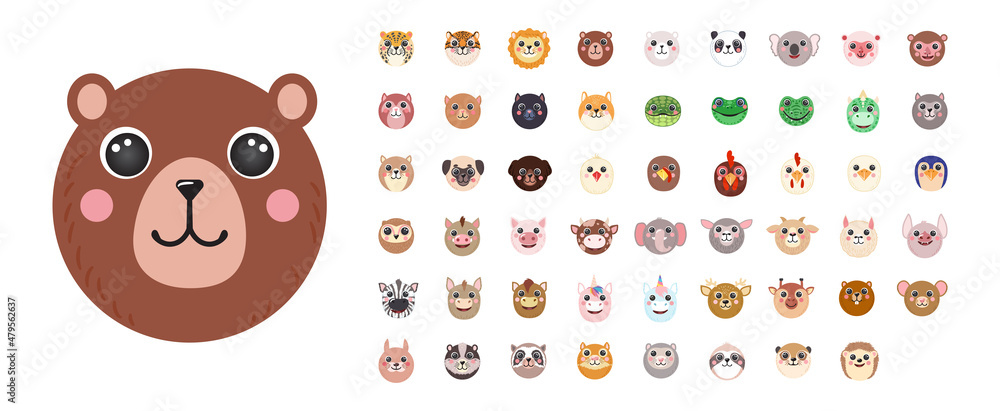 Round Animals Set Cute portraits cartoon face illustration flat vector ...