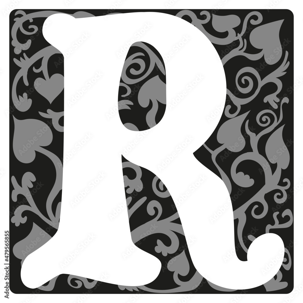 initial r, medieval letter with floral ornaments, dekorativ retro ...