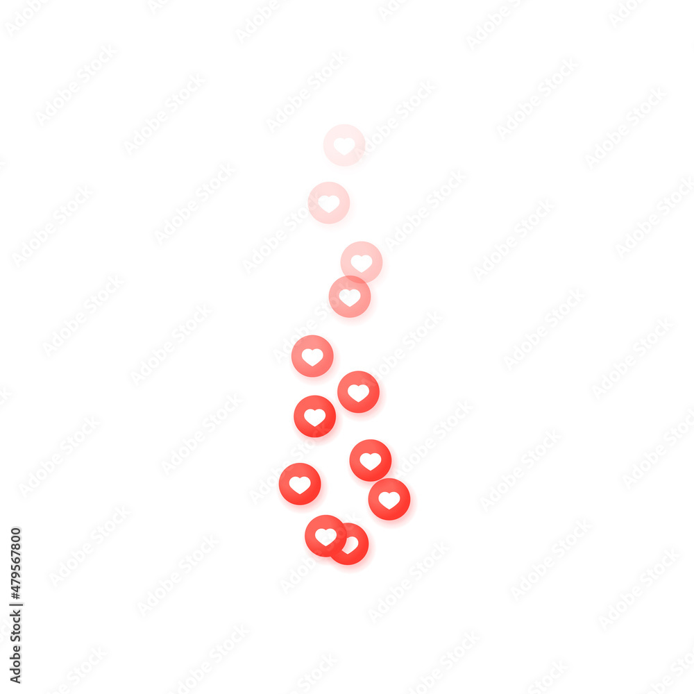 Flying hearts in a red bubble isolated on white background. A stream of ...