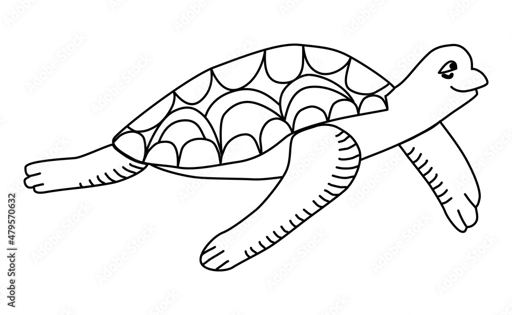 Turtle. Linear simple drawing. Side view. Cute cartoon character ...
