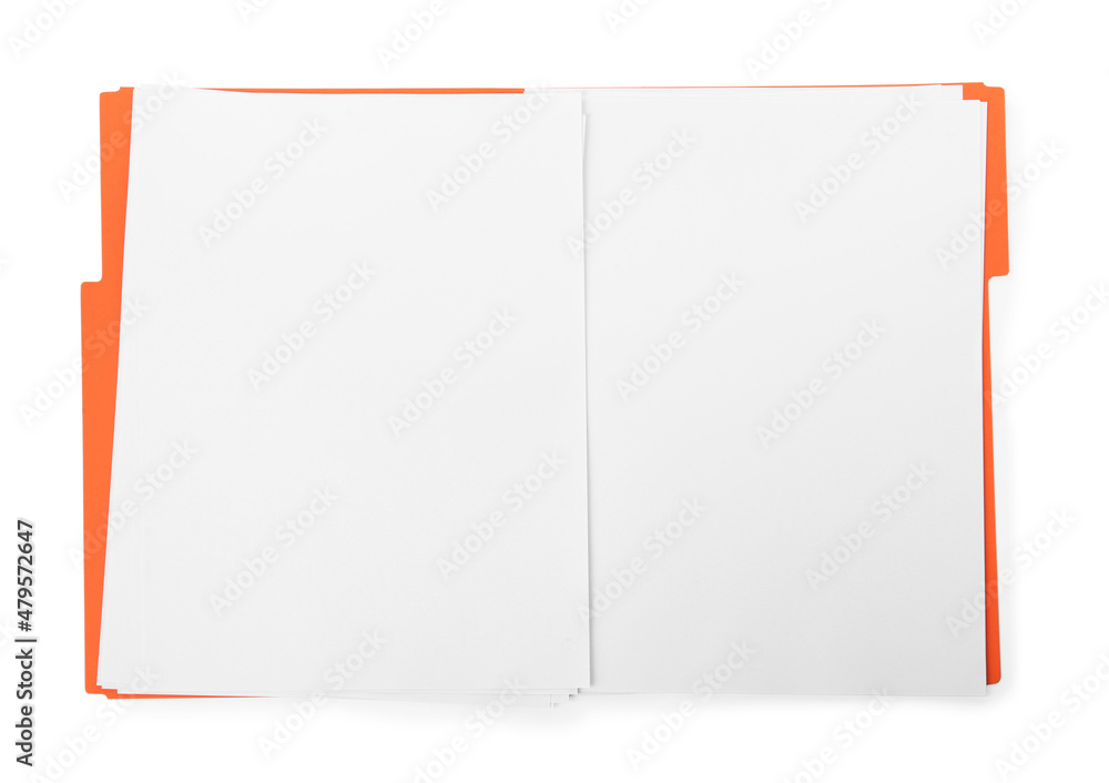 Orange file with blank sheets of paper isolated on white, top view ...