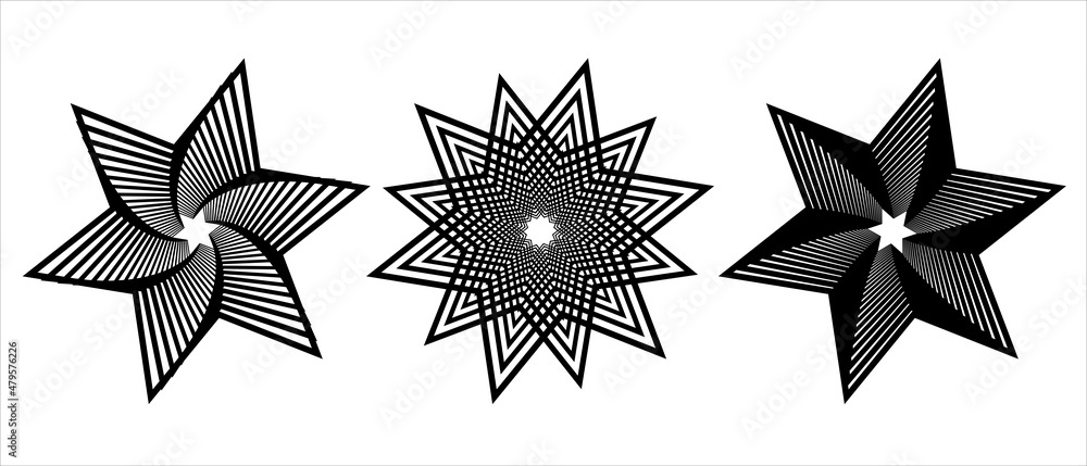 Rotating star icon. Abstract spiral tunnel. A twisted white symbol ...