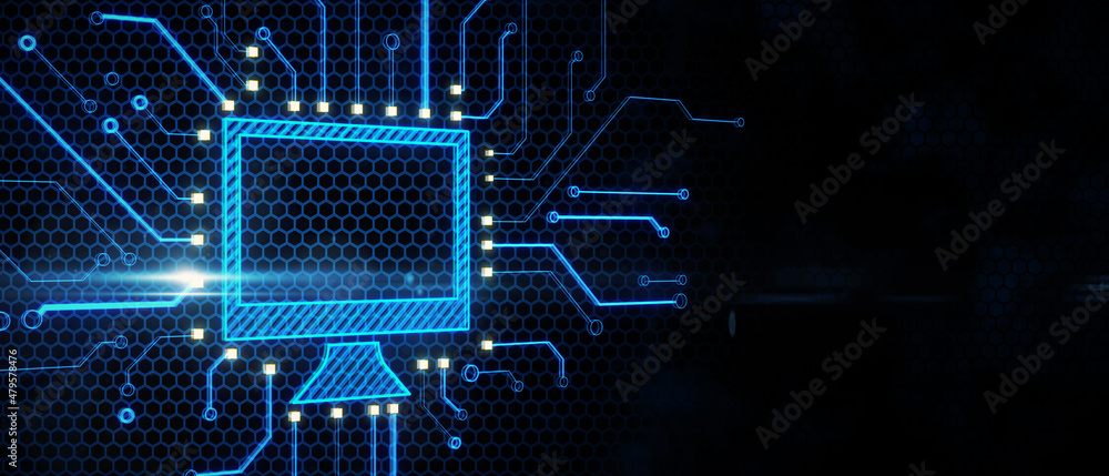 Abstract glowing computer monitor chip and circuit hologram on dark ...