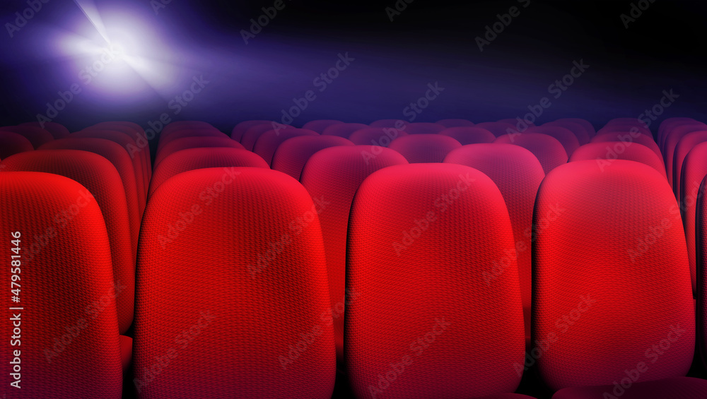 Cinema theater seats in front of the projection light. A 3D rendering ...