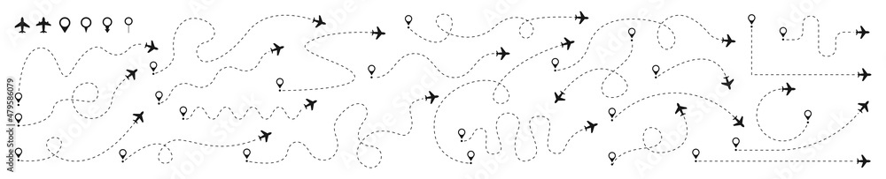 Airplane routes set. Plane paths. Aircraft tracking, planes, travel ...
