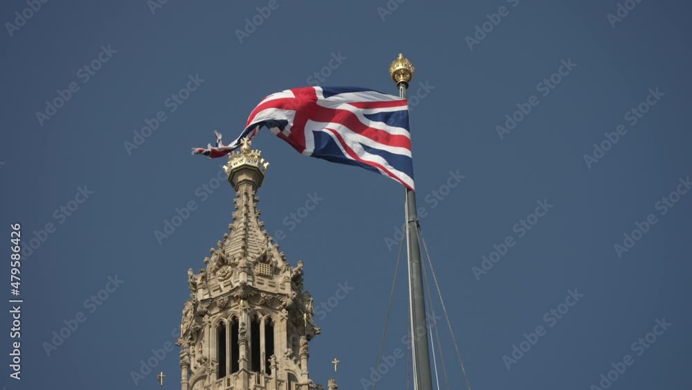 Union Jack flag on top of Victoria Tower from Victoria Tower Gardens ...