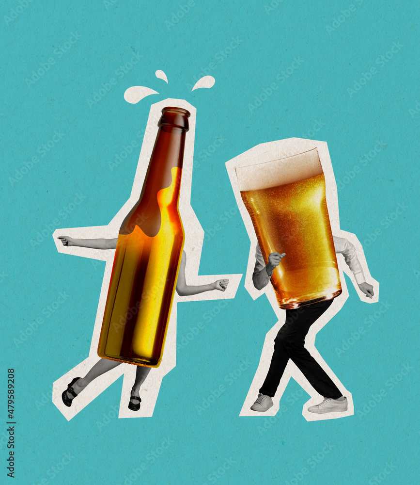 Dancing beer bottle and glass on human legs. Contemporary art collage ...