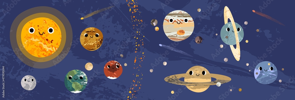 Cute kawaii planet character with smiling face. Funny celestial body ...