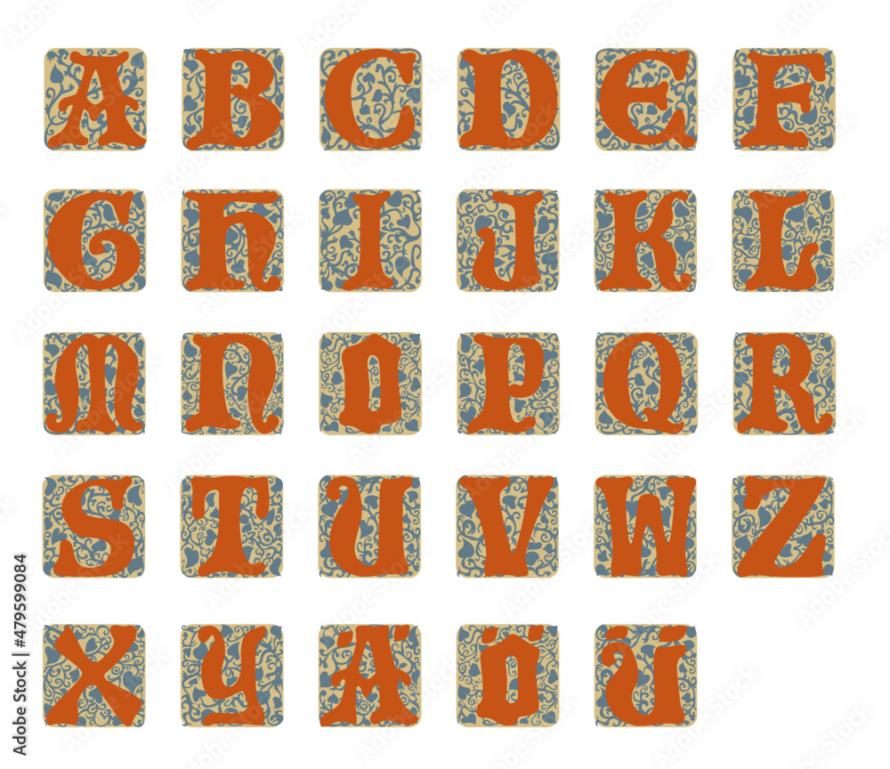 Medieval initial letters, colored Alphabet with umlauten, with floral ...