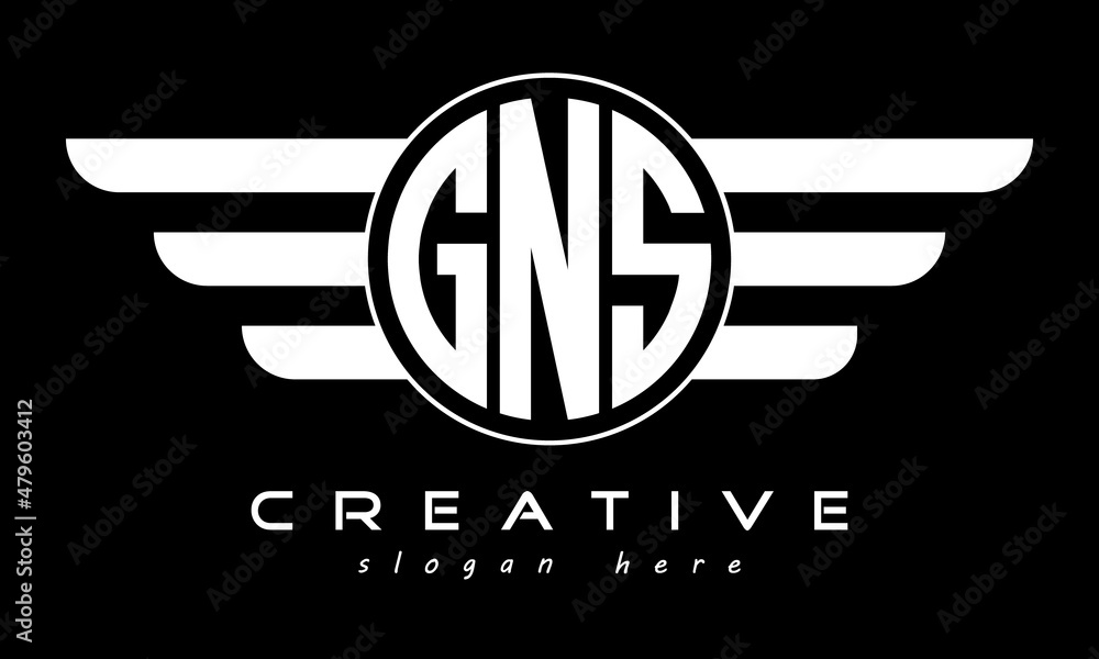 GNS three letter monogram type circle letter logo with wings vector ...