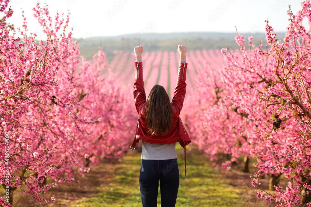 Excited woman raising arms in a flowered field in spring Stock Photo ...