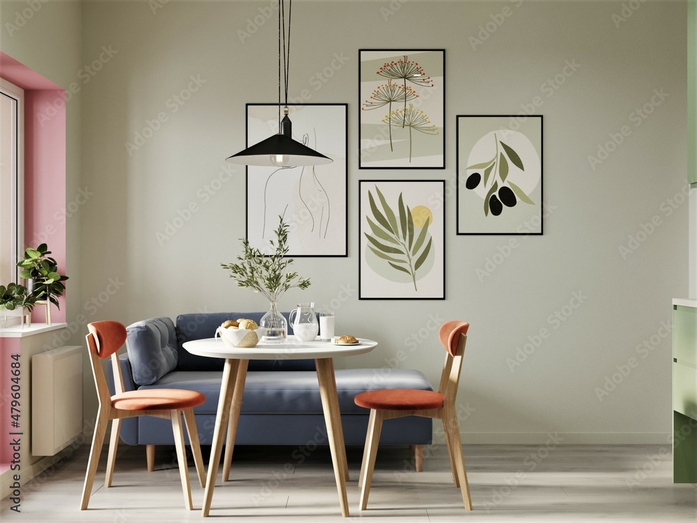 modern design with green kitchen and tea area, blue diva and orange ...