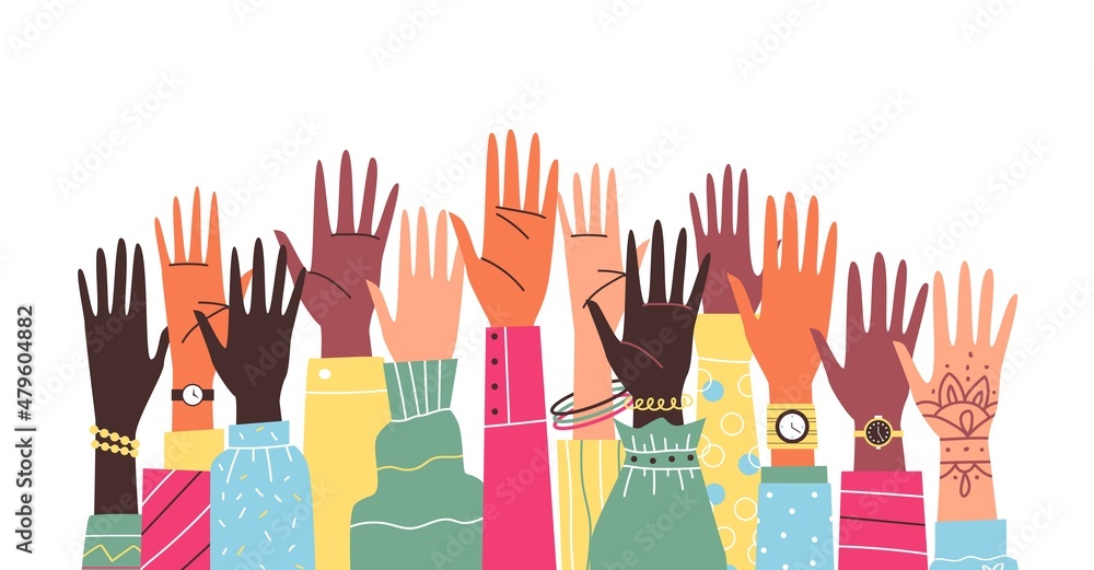 Raised arms and hands of diverse multicultural people, cartoon vector ...