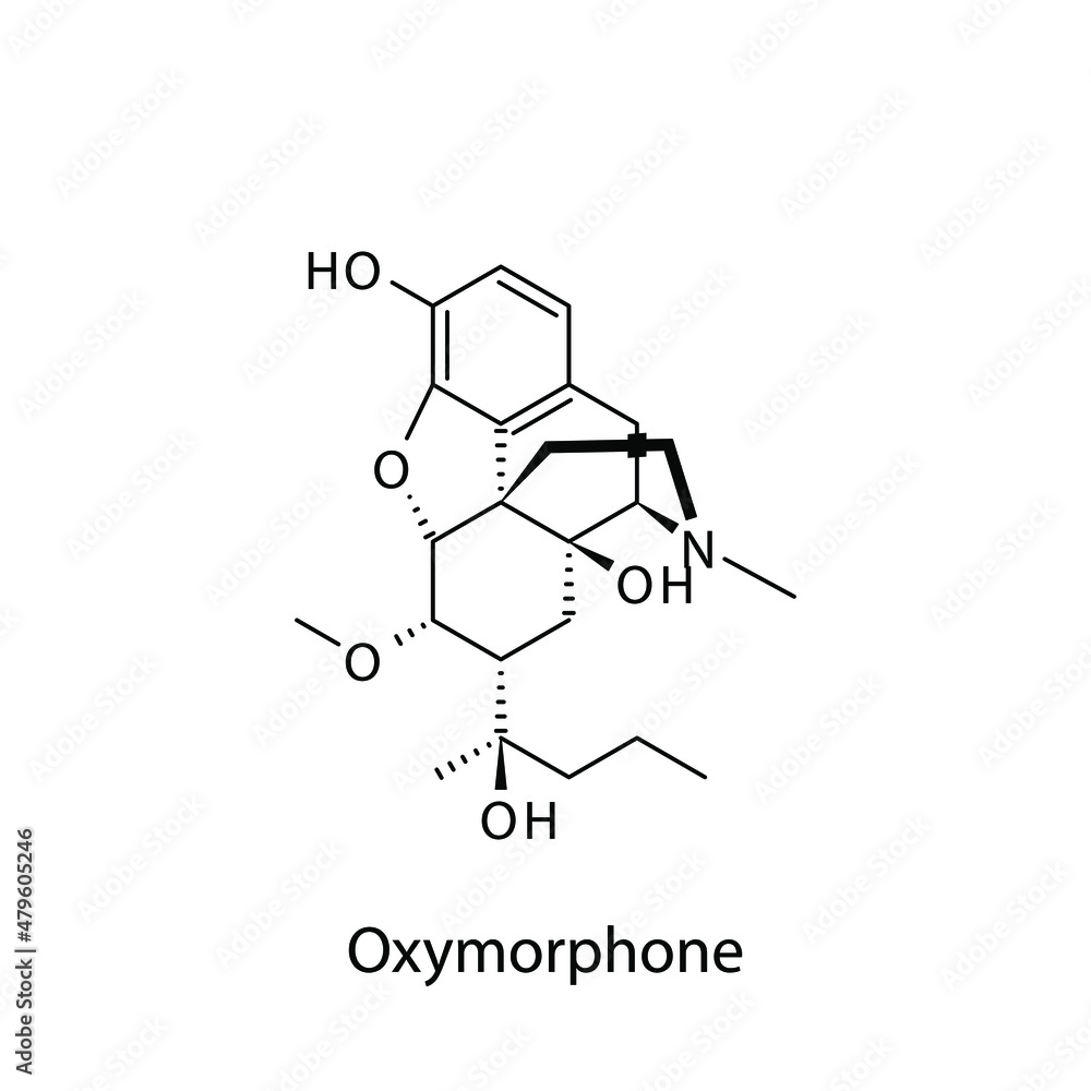 Oxymorphone molecular structure, flat skeletal chemical formula. Opioid ...