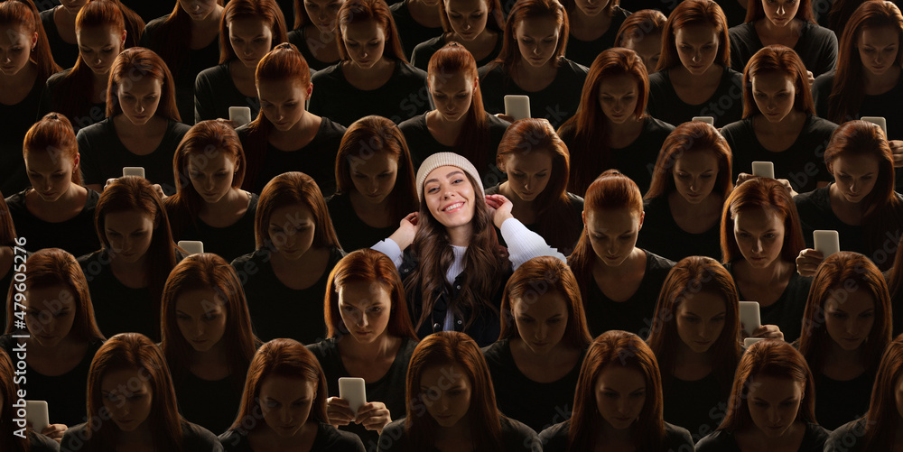 Top view of grey crowd of identical people and special one woman ...
