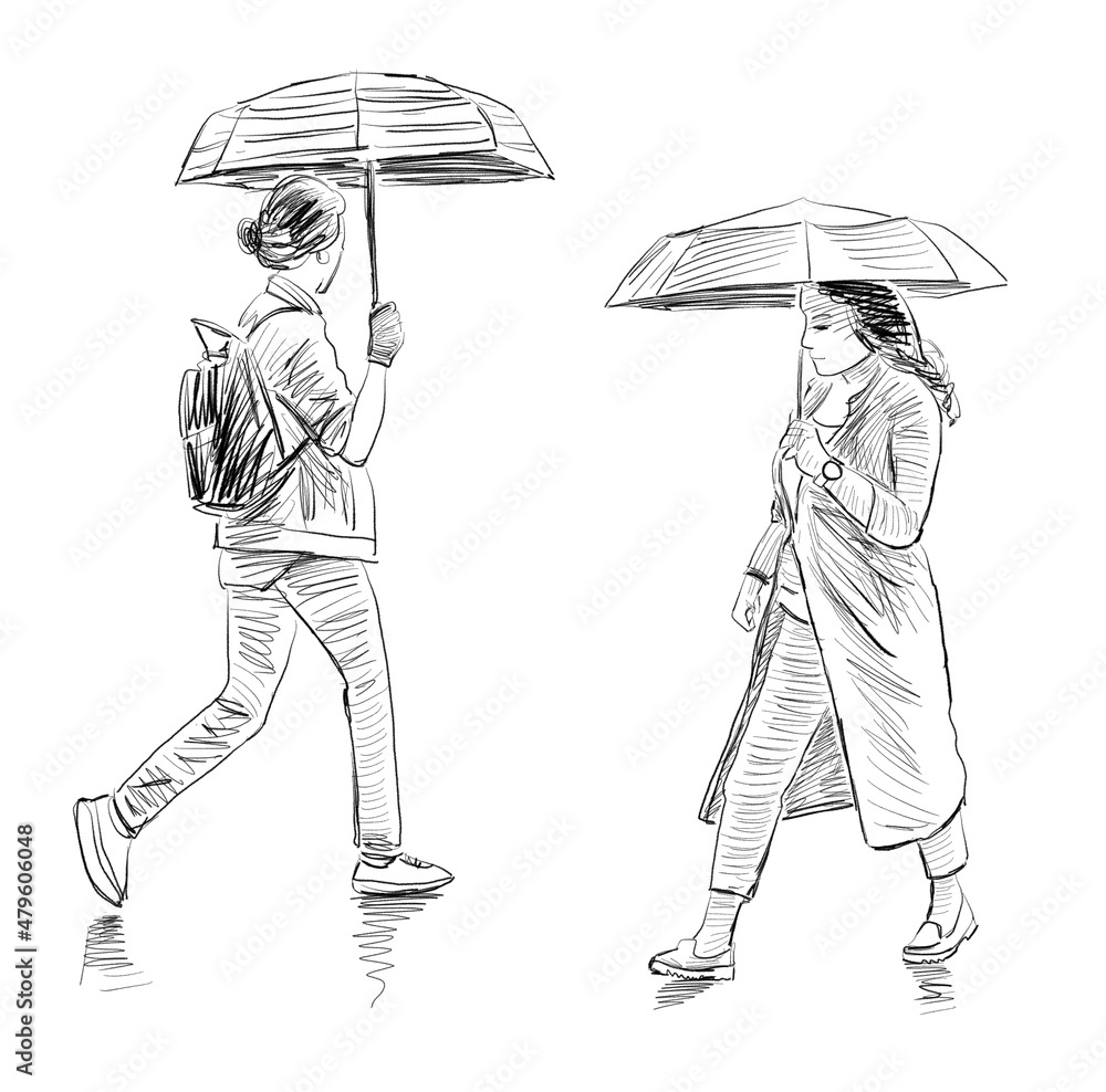 People Walking In The Rain Drawing