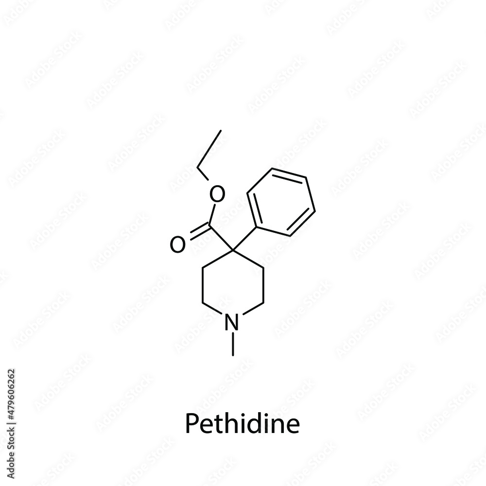Pethidine molecular structure, flat skeletal chemical formula. Opioid ...