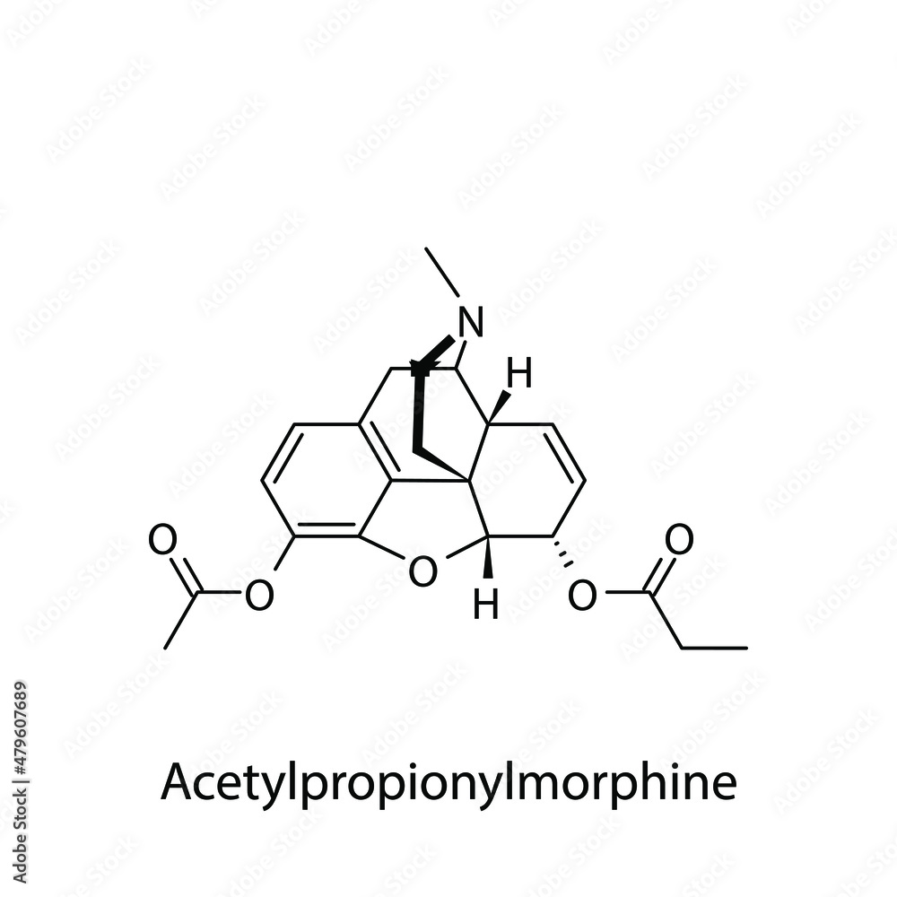 Acetylpropionylmorphine molecular structure, flat skeletal chemical ...